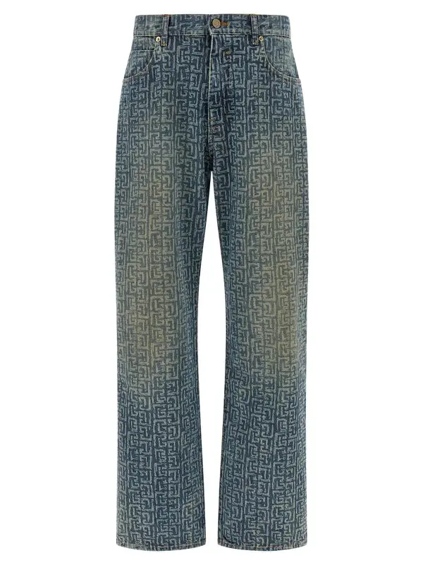 Balmain Monogram Stonewashed Straight Leg Jeans - Blue