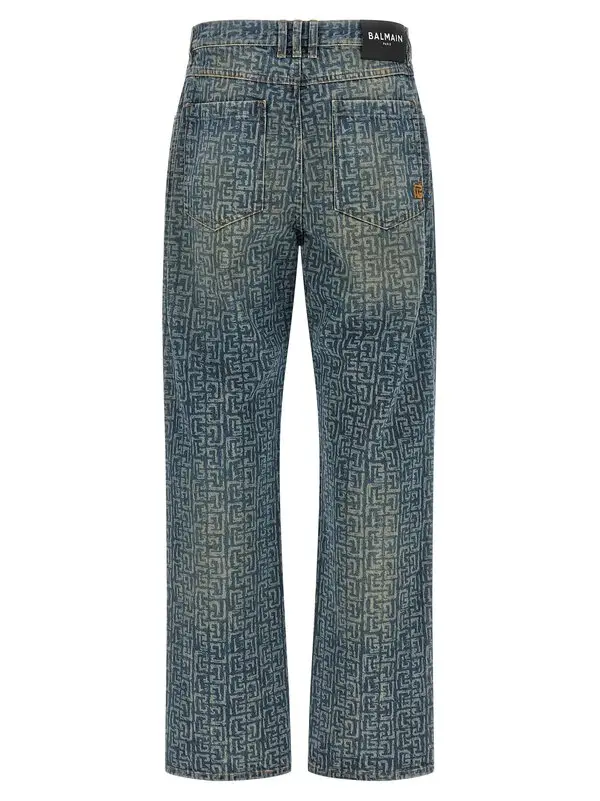 Balmain Monogram Stonewashed Straight Leg Jeans - Blue
