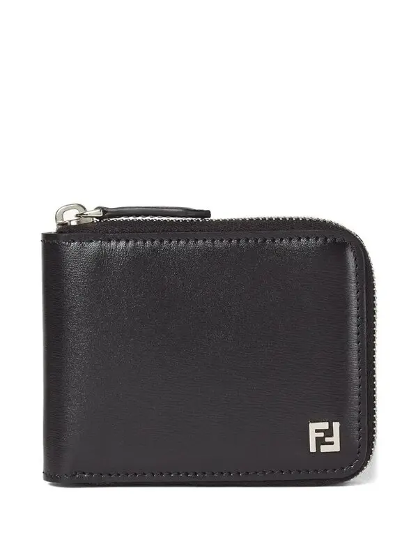 Fendi Leather Compact Wallet With Zip And Ff Logo - Black