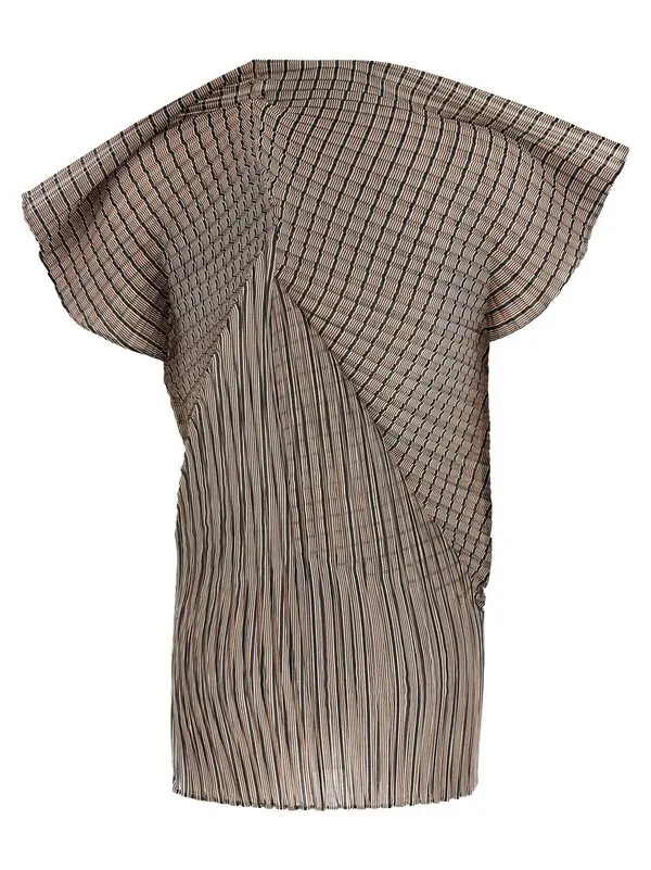 Issey Miyake Generic Stripes" High Neck Short Sleeve Top - Brown