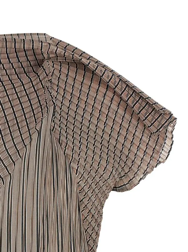 Issey Miyake Generic Stripes" High Neck Short Sleeve Top - Brown