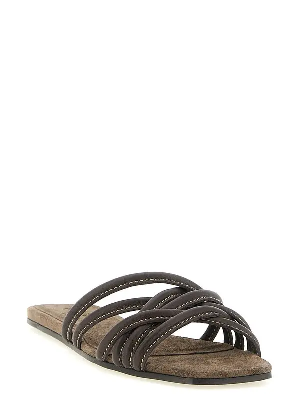 Brunello Cucinelli Leather Slides With Contrast Stitching - Brown