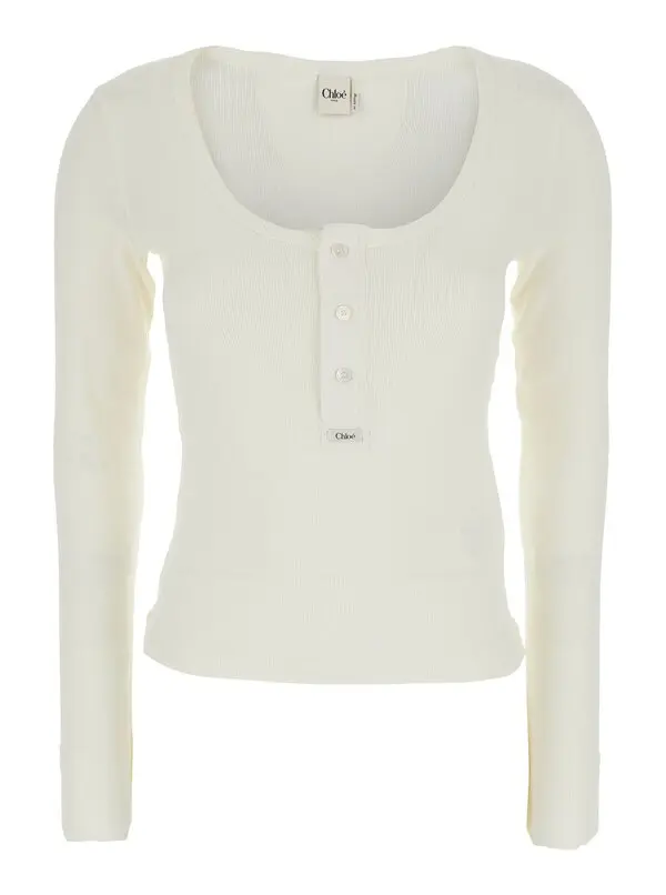 Chloé Long Sleeve Ribbed Knit Cotton T-shirt With Logo Patch - Multicolor