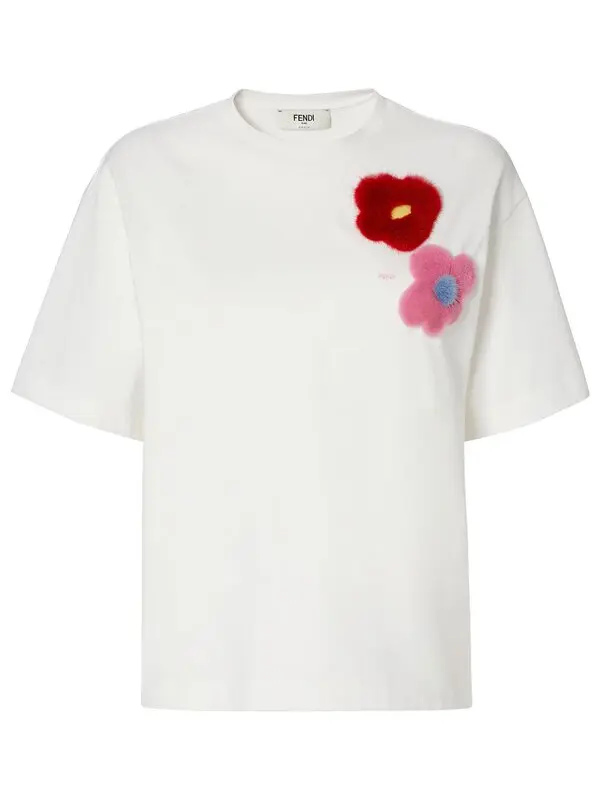 Fendi Jersey T-shirt With Mink Fur Flower Appliques - White
