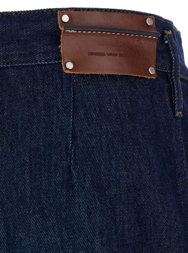 Dries Van Noten Wide Leg Denim Pants With Logo Patch