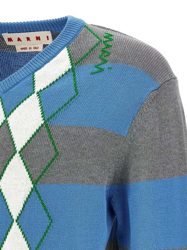 Marni Argyle Striped V-neck Sweater