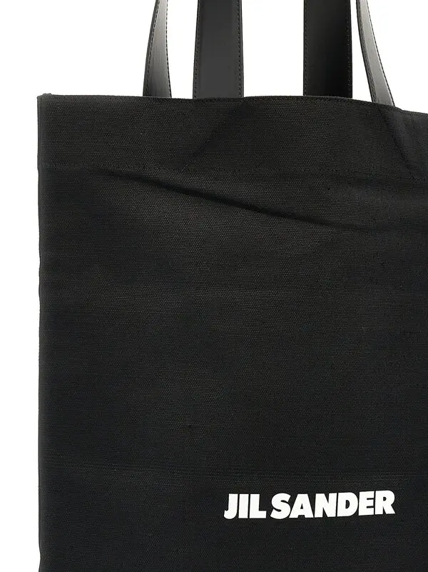 JIL SANDER Large Canvas Shopping Bag With Leather Handles And Logo Print - Black