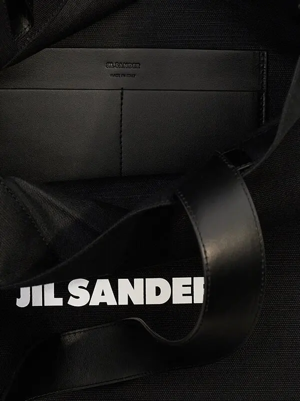 JIL SANDER Large Canvas Shopping Bag With Leather Handles And Logo Print - Black