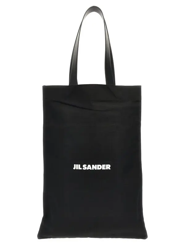 JIL SANDER Large Canvas Shopping Bag With Leather Handles And Logo Print - Black