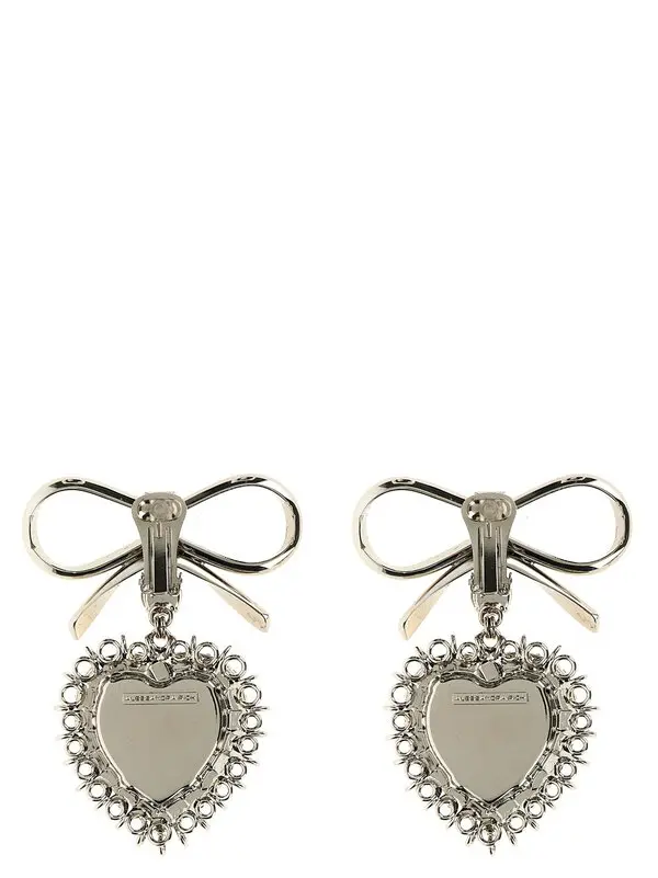 Alessandra Rich Metal Bow Earrings With Crystal Heart Pendant