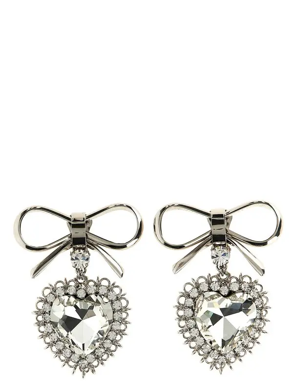 Alessandra Rich Metal Bow Earrings With Crystal Heart Pendant - Silver