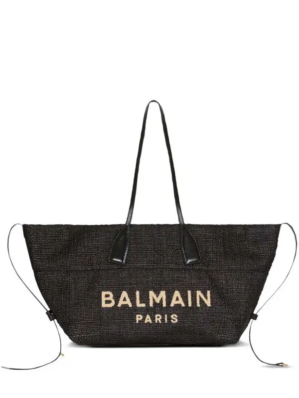 Balmain Embroidered Raffia Tote Bag - Black