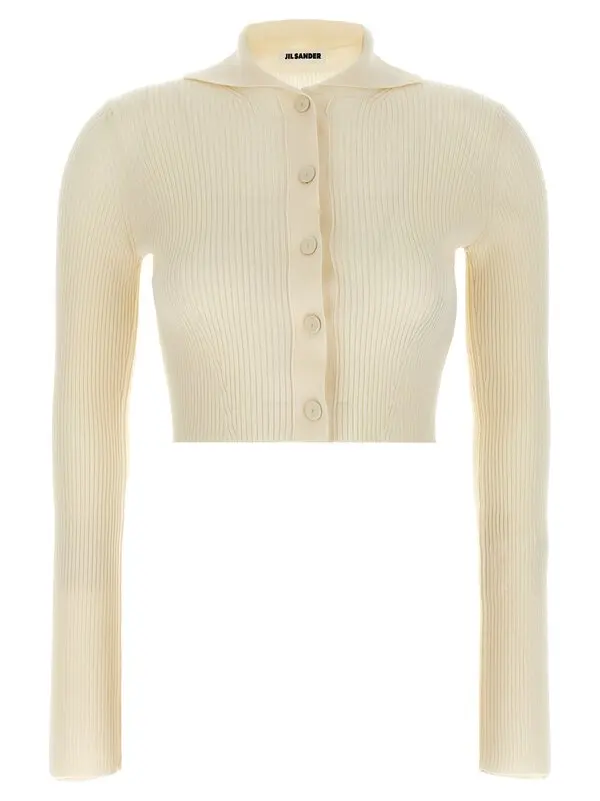 JIL SANDER Ribbed Collared Crop Cardigan - White
