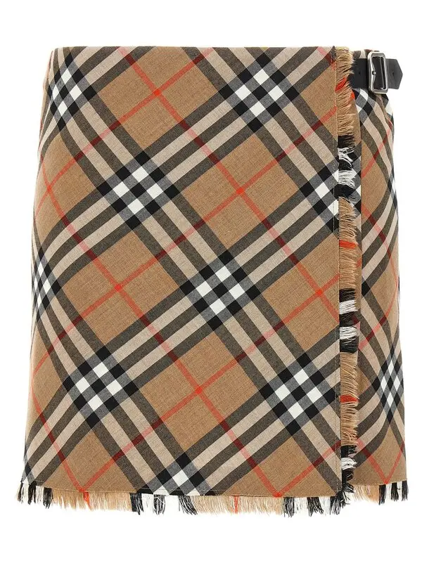 Burberry Mini Kilt Skirt With Check And Fringed Hem - Multicolor