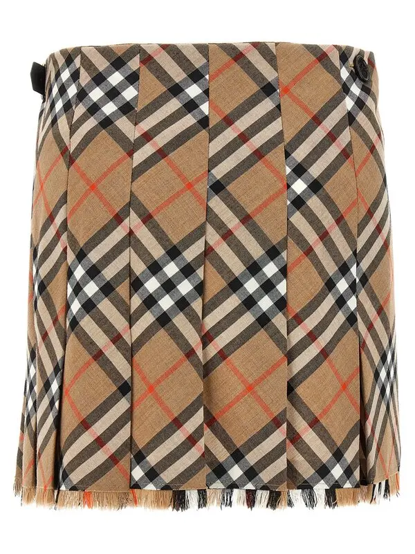 Burberry Mini Kilt Skirt With Check And Fringed Hem - Multicolor