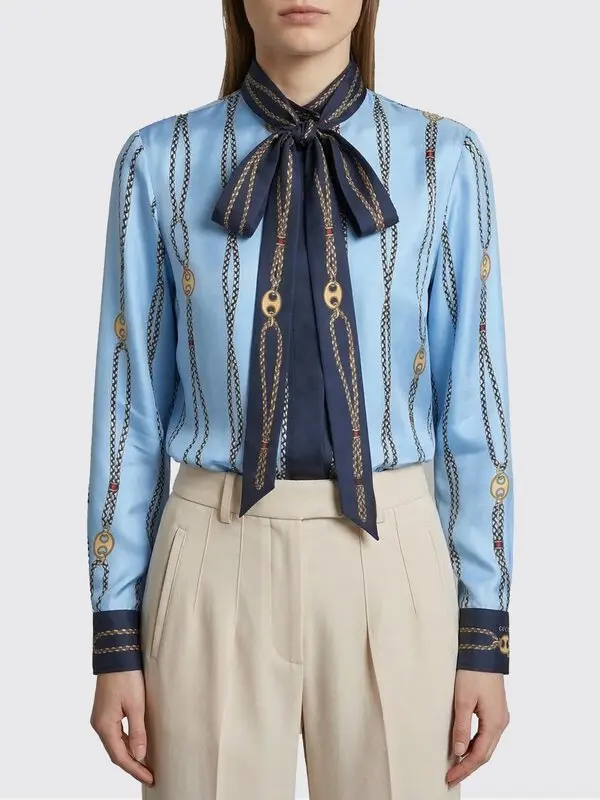 Gucci Chain Print Silk Shirt With Tie Neck - Blue