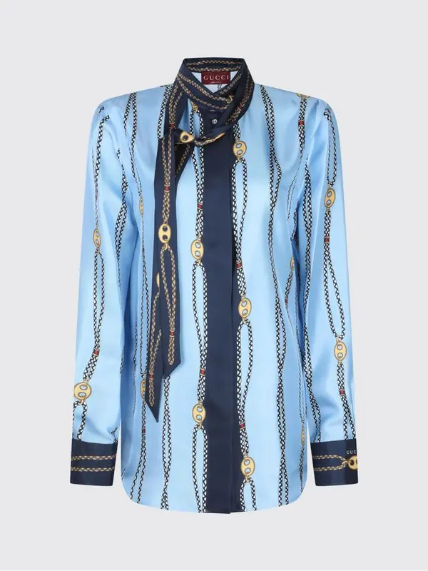 Gucci Chain Print Silk Shirt With Tie Neck - Blue