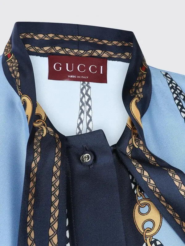 Gucci Chain Print Silk Shirt With Tie Neck - Blue
