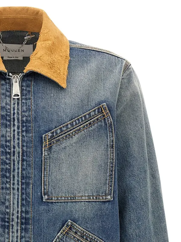 Alexander McQueen Stonewashed Suede Collar Denim Jacket