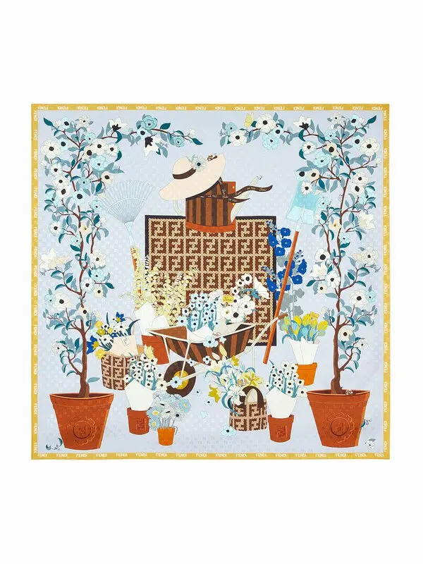 Fendi Foulard 90x90 "gardening" Print Silk Scarf - Blue