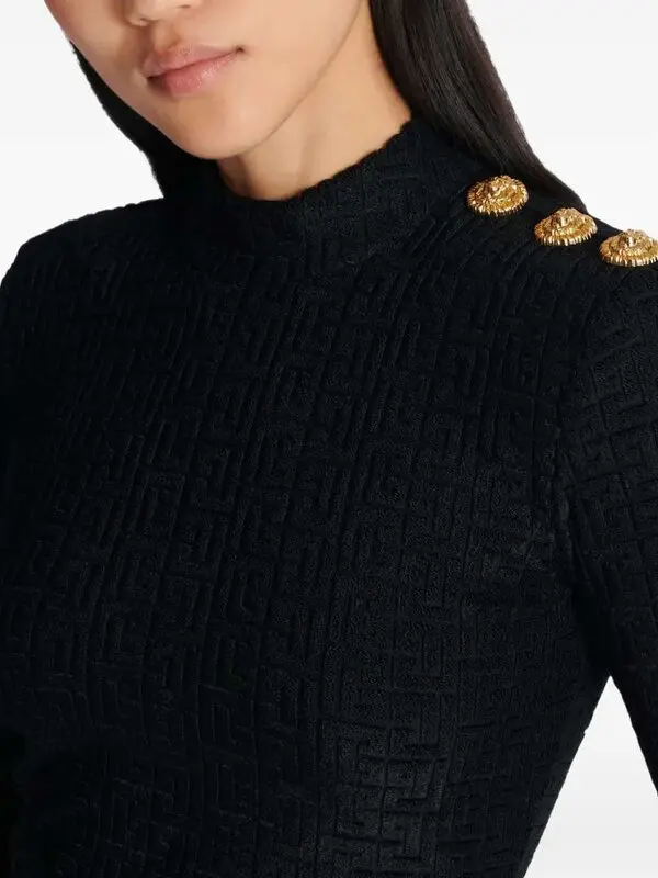 Balmain Ls Bouclette Monogrammed Top
