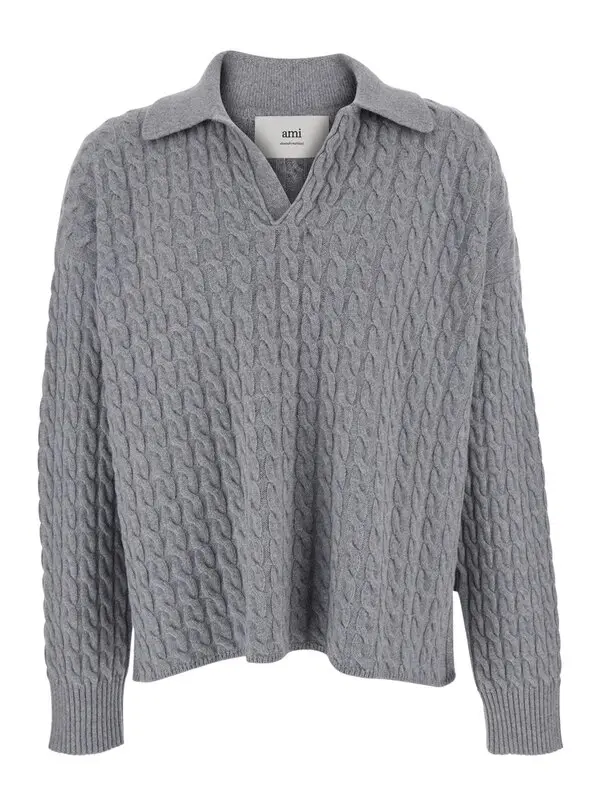 AMI Paris Grey Polo Shirt With Woven Design In Wool
