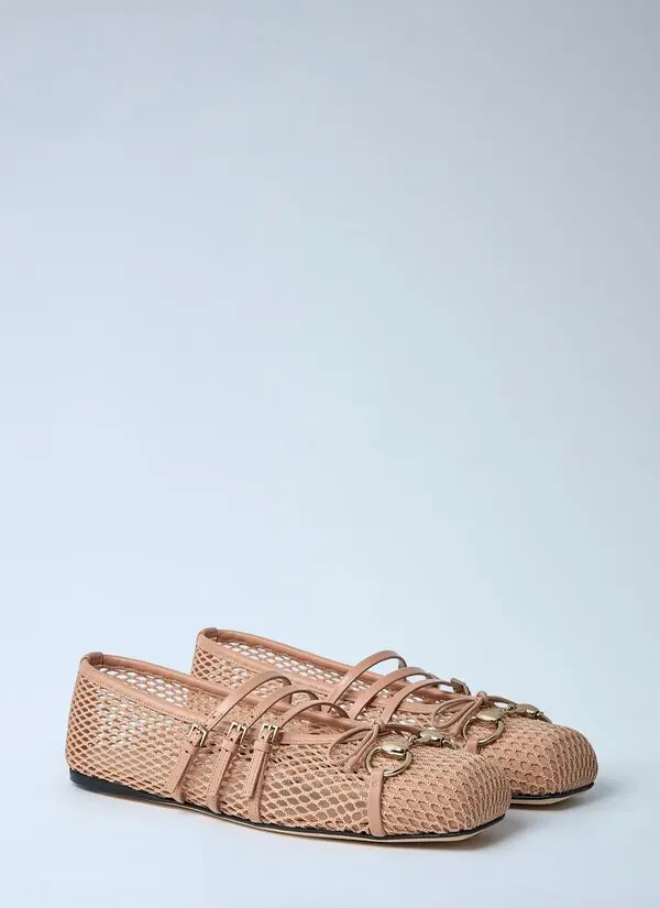 Gucci Horsebit Ballerina Flats In Mesh With Leather Trims - Pink