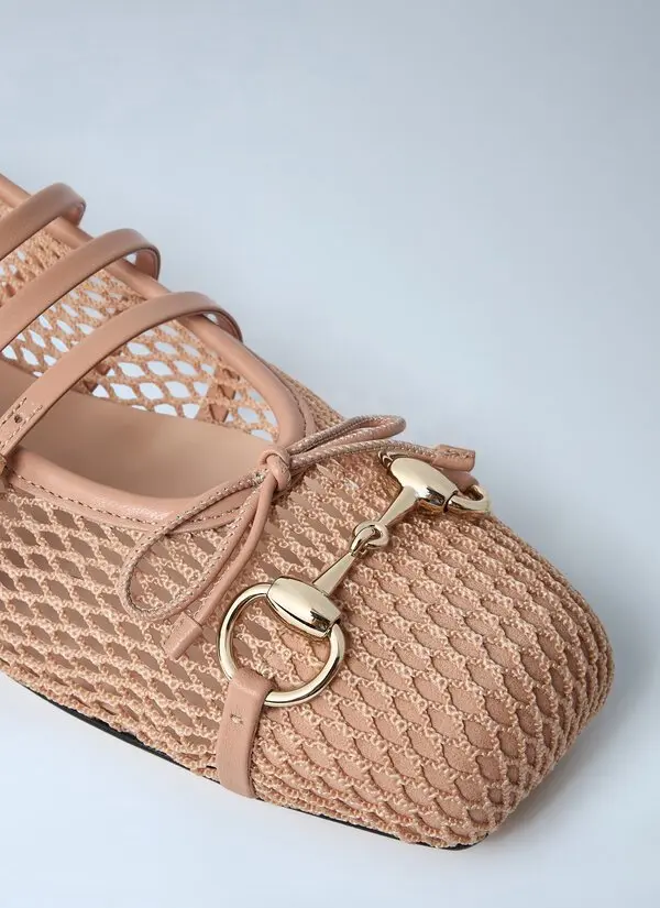 Gucci Horsebit Ballerina Flats In Mesh With Leather Trims - Pink