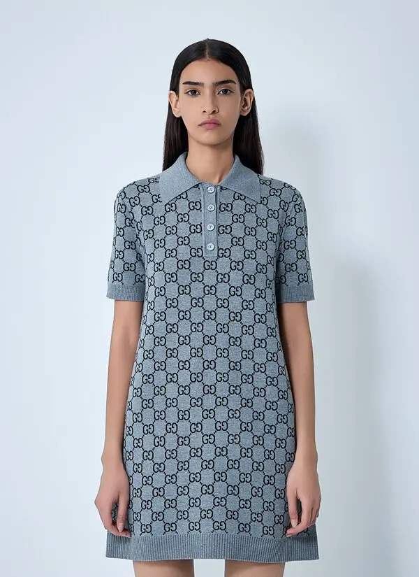 Gucci Wool Knit All-over Logo Polo Mini Dress