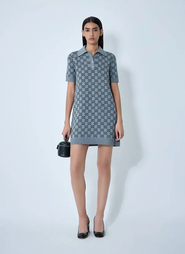 Gucci Wool Knit All-over Logo Polo Mini Dress
