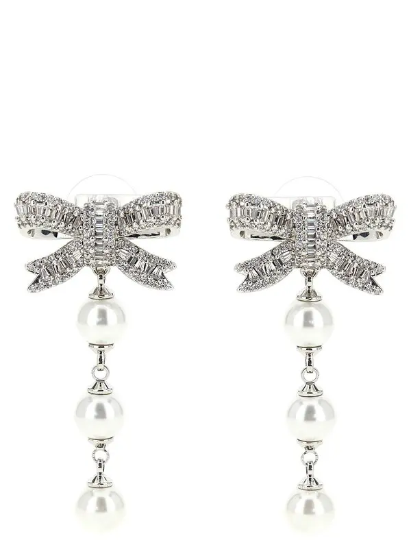 SELF-PORTRAIT Crystal Bow Pearl Drop Earrings - Silver