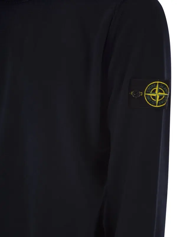 Stone Island Crew Neck Jumper With Small Lapel In Organic Cotton - Blue