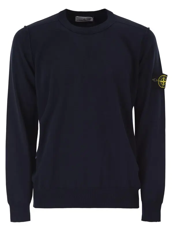 Stone Island Crew Neck Jumper With Small Lapel In Organic Cotton - Blue