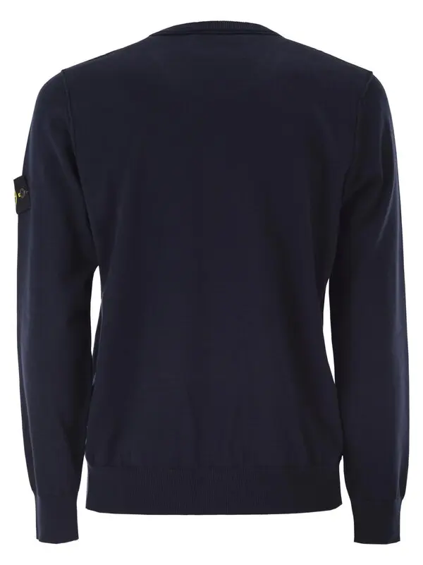 Stone Island Crew Neck Jumper With Small Lapel In Organic Cotton - Blue
