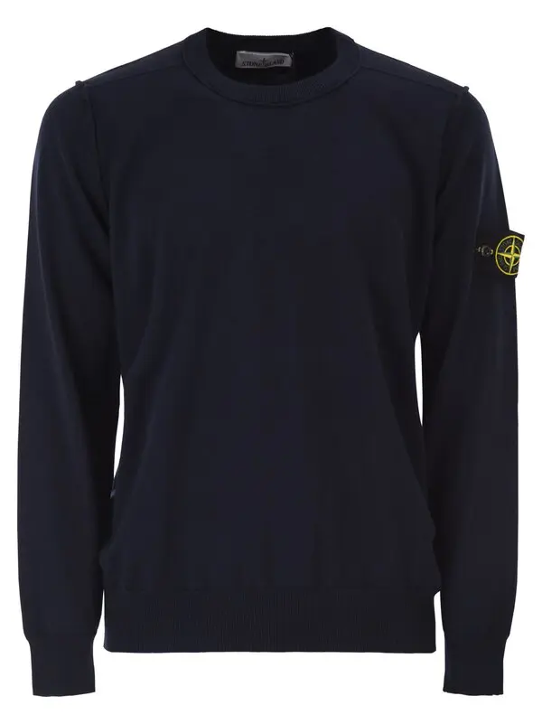 Stone Island Crew Neck Jumper With Small Lapel In Organic Cotton - Blue