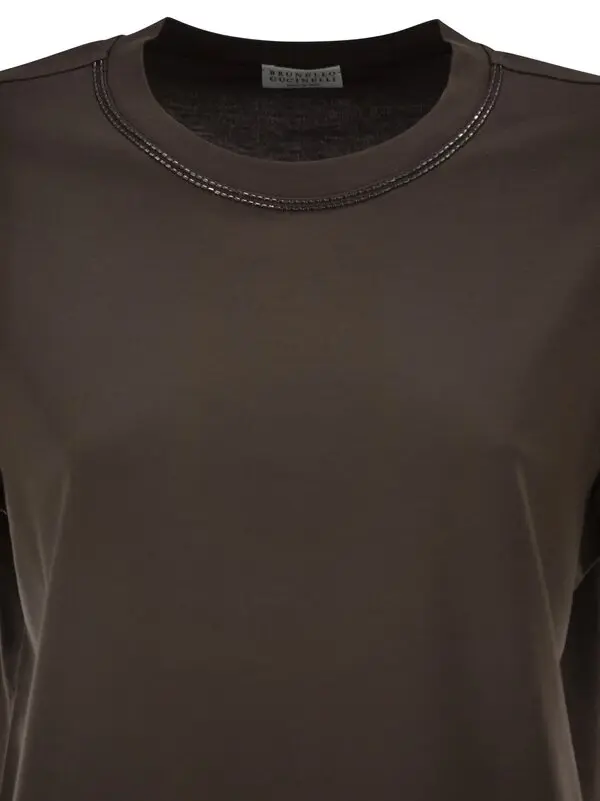Brunello Cucinelli Cotton Jersey T-shirt With Embellished Crew Neck - Brown