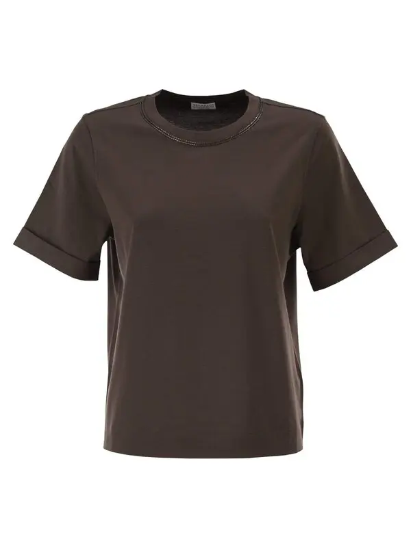 Brunello Cucinelli Cotton Jersey T-shirt With Embellished Crew Neck - Brown