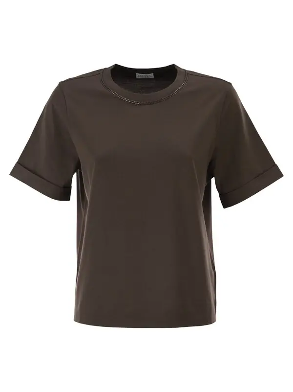 Brunello Cucinelli Cotton Jersey T-shirt With Embellished Crew Neck - Brown