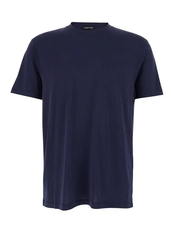 TOM FORD Blue Crew Neck T-shirt With Logo Embroidery On The Front In Cotton Blend - Multicolor