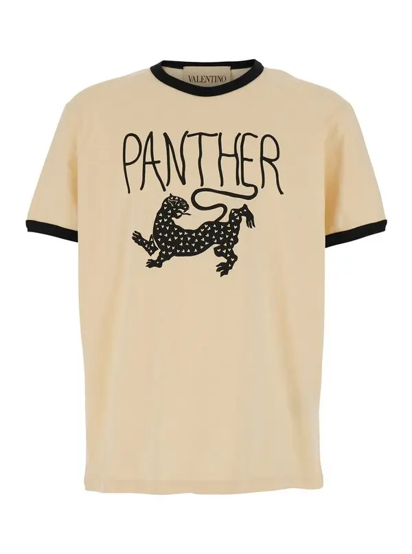 Valentino Garavani Crew Neck T-shirt With Front Print In Beige Cotton For - Multicolor