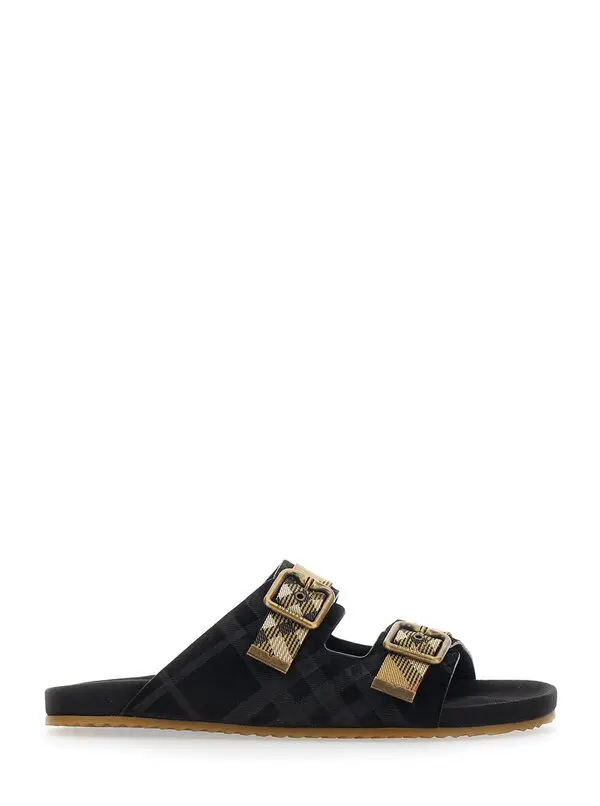 Burberry Black Leather Blend Sandals With Check Motif And Adjustable Buckles - Multicolor