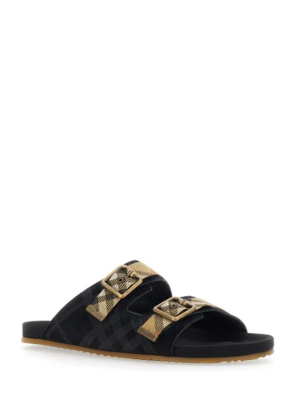 Burberry Black Leather Blend Sandals With Check Motif And Adjustable Buckles - Multicolor