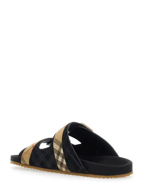 Burberry Black Leather Blend Sandals With Check Motif And Adjustable Buckles - Multicolor