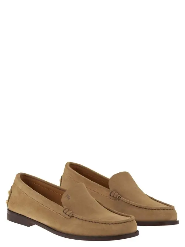 TOD'S Suede Leather Loafers With Metal Detailing - Cream