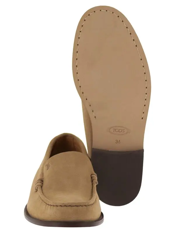 TOD'S Suede Leather Loafers With Metal Detailing - Cream