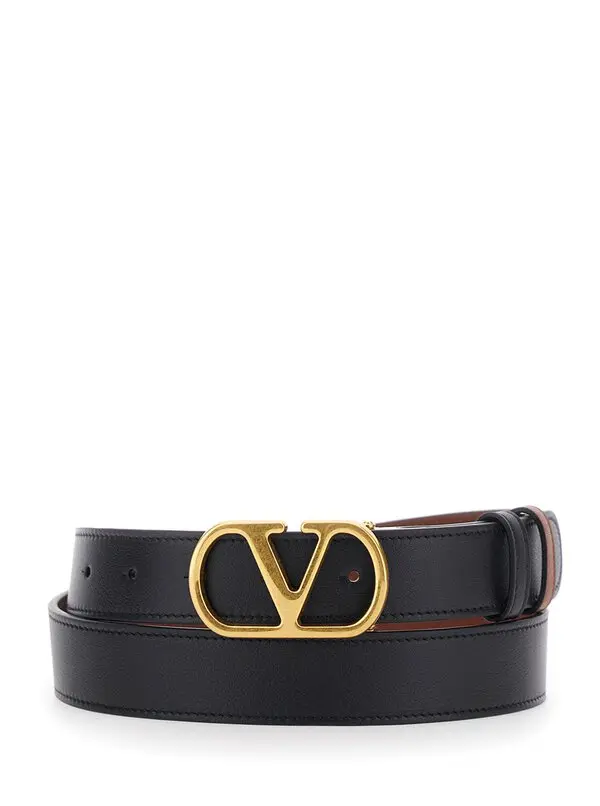 Valentino Garavani Reversible Leather Belt With Vlogo Buckle - Black