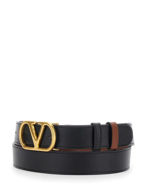 Valentino Garavani Reversible Leather Belt With Vlogo Buckle - Black