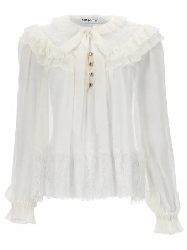SELF-PORTRAIT Georgette Blouse With Ruffles And Pussy Bow - White