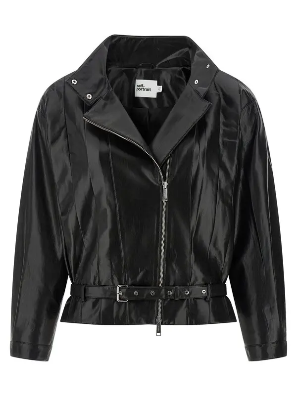 SELF-PORTRAIT Leather Effect Biker Jacket With Pleating And Belt Detail