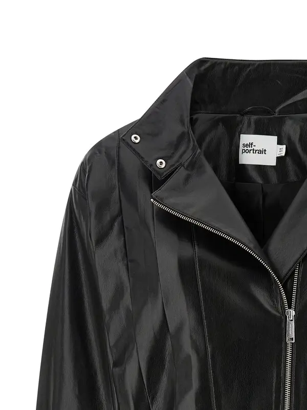 SELF-PORTRAIT Leather Effect Biker Jacket With Pleating And Belt Detail